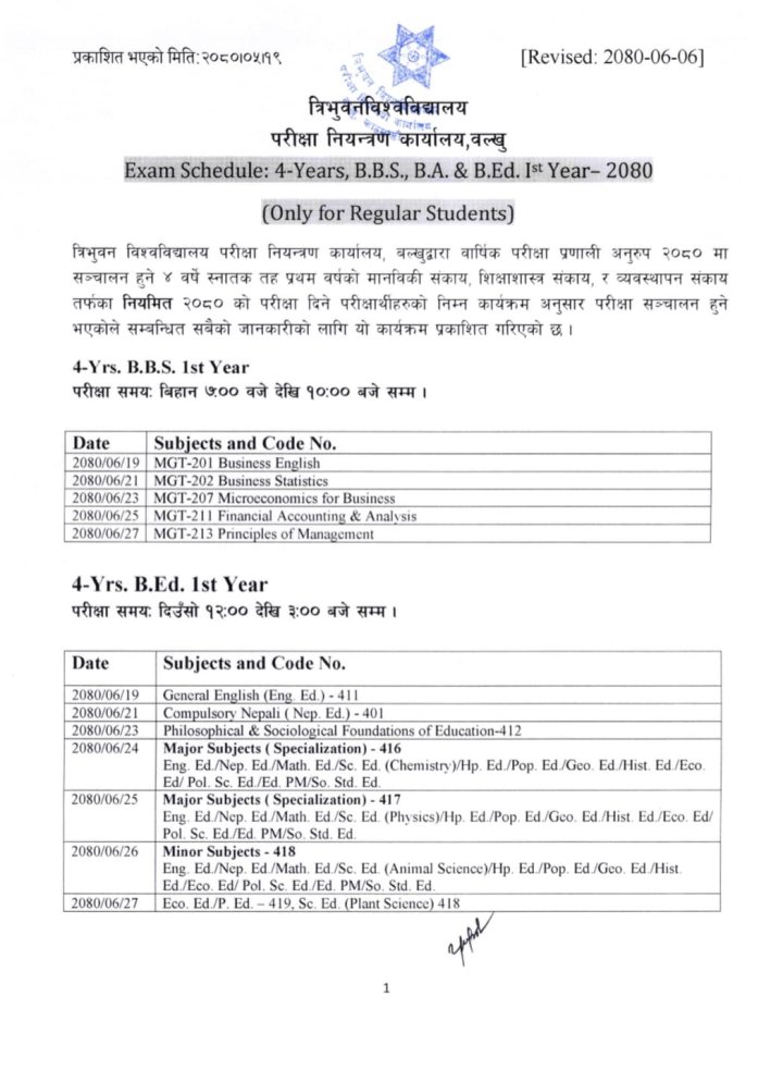 Revised routine for TU Exam BBS/BEd 1st Year 2080 | Sita-Ramesh ...