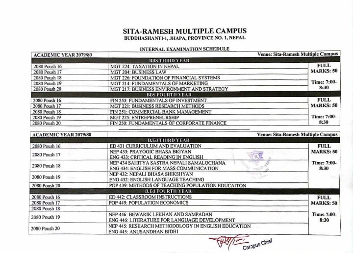 Routine for BBS/BEd 3rd and 4th Year Internal Exam. | Sita Ramesh ...